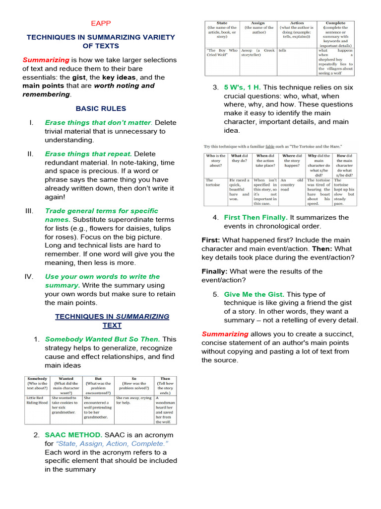 EAPP Techniques in Summarizing Text | PDF | Human Communication