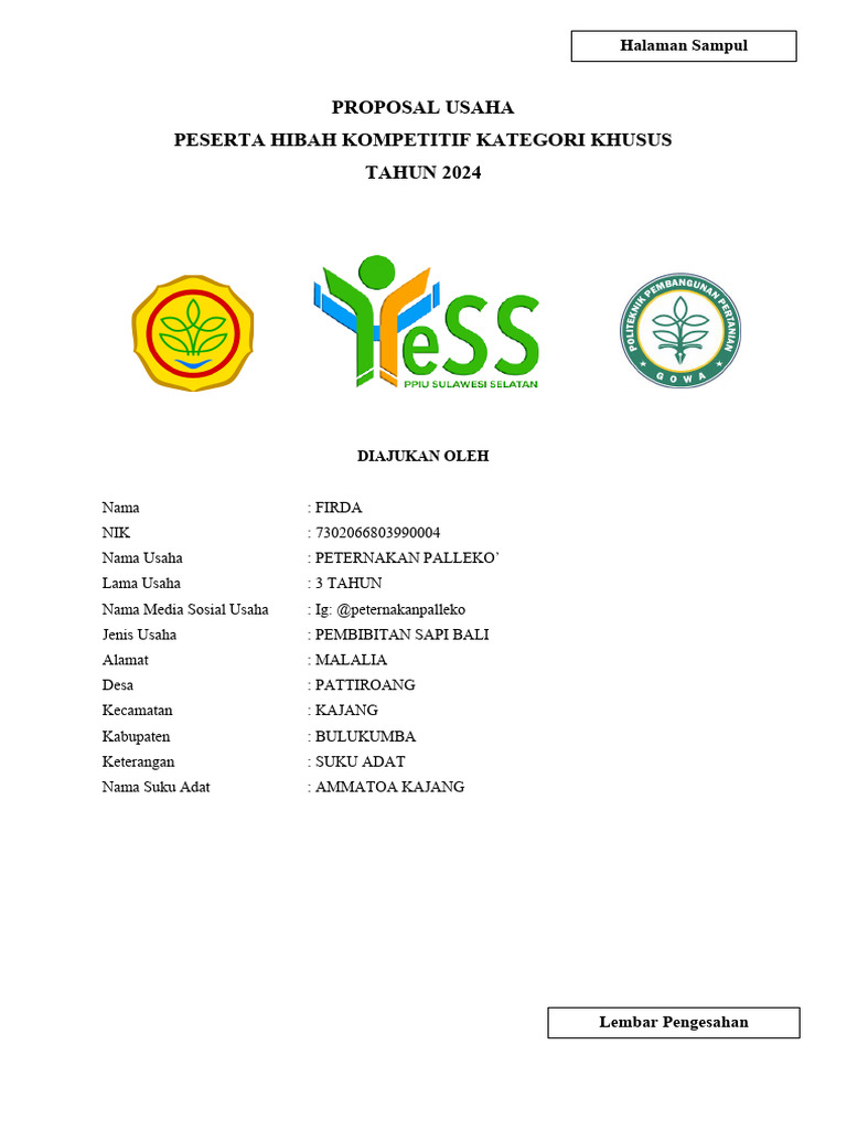 Proposal Pembibitan Sapi Bali 2024 | PDF