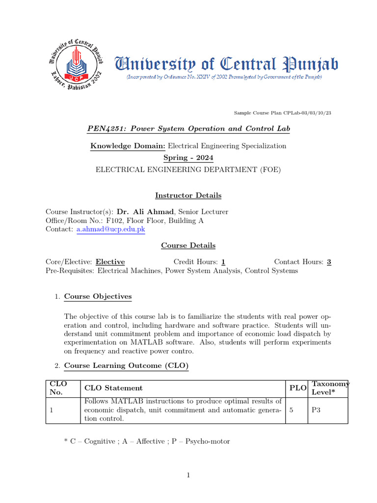 Power System Lab Course Plan 2024 | PDF