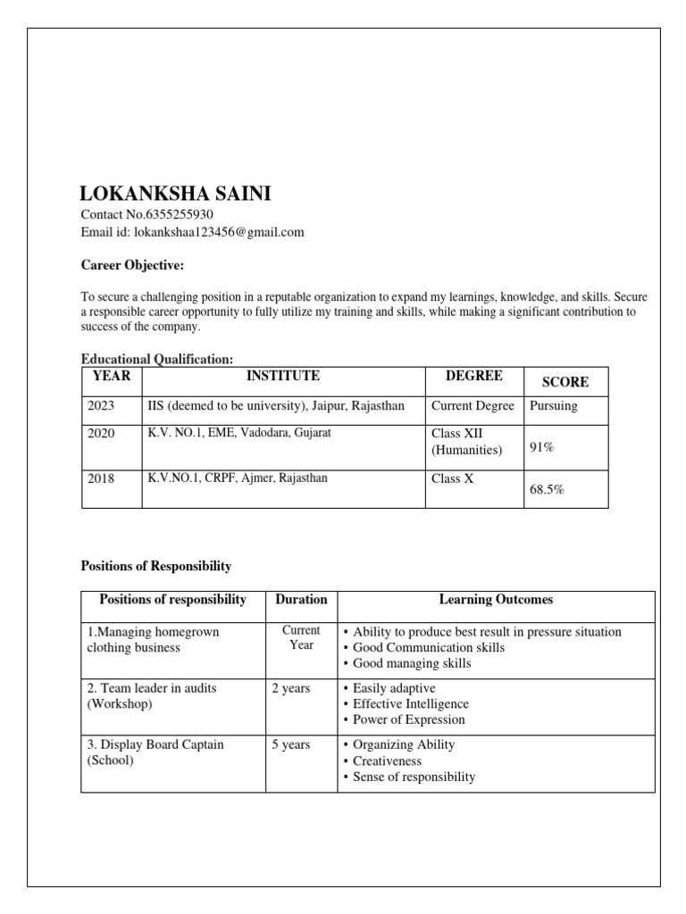 Lokanksha Saini: Career Objective | PDF | Learning | Behavior Modification