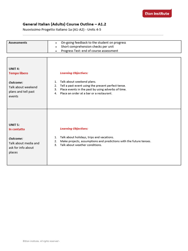 Italian A1.2 Course Units 4-5 Outline | PDF