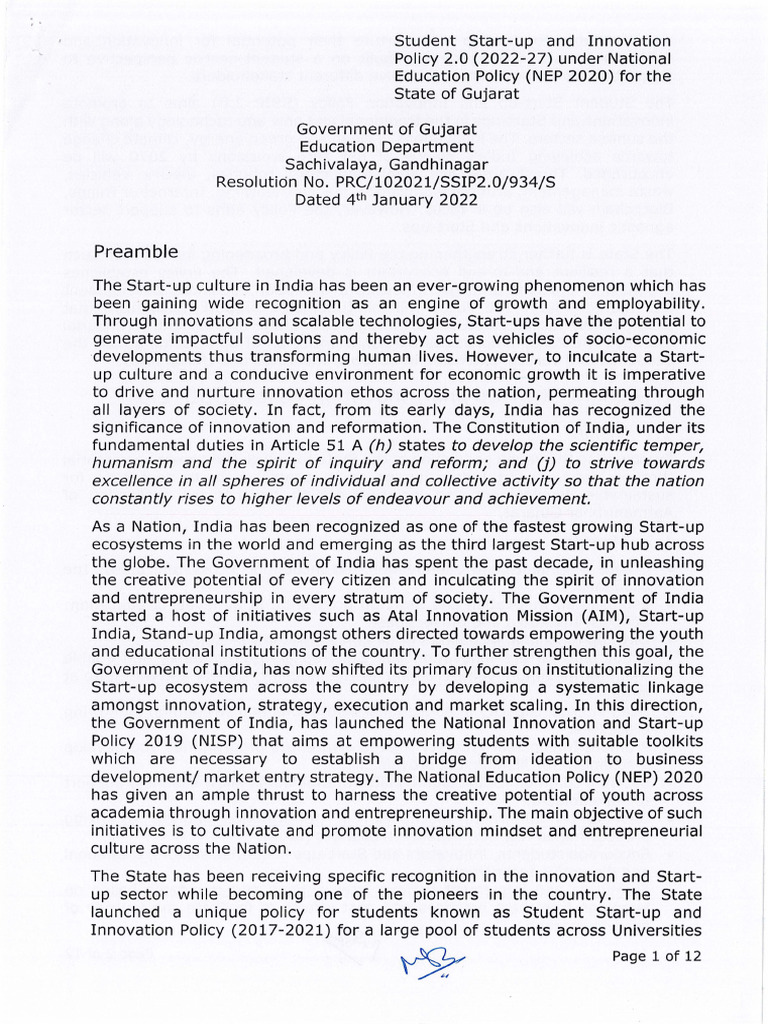 Student Start-Up and Innovation Policy (SSIP 2.0) of Gujarat | PDF ...