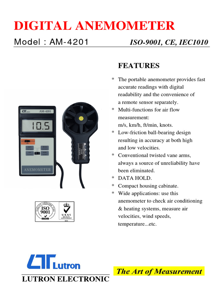 DS - Lutron AM 4201 Digital Anemometer Ver1.0 | PDF | Wind Speed | Metrology