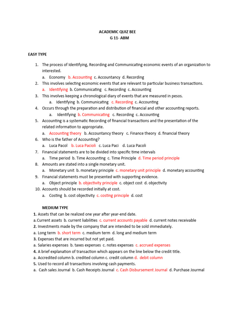 Academic Quiz Bee - G11 Abm | PDF | Debits And Credits | Expense