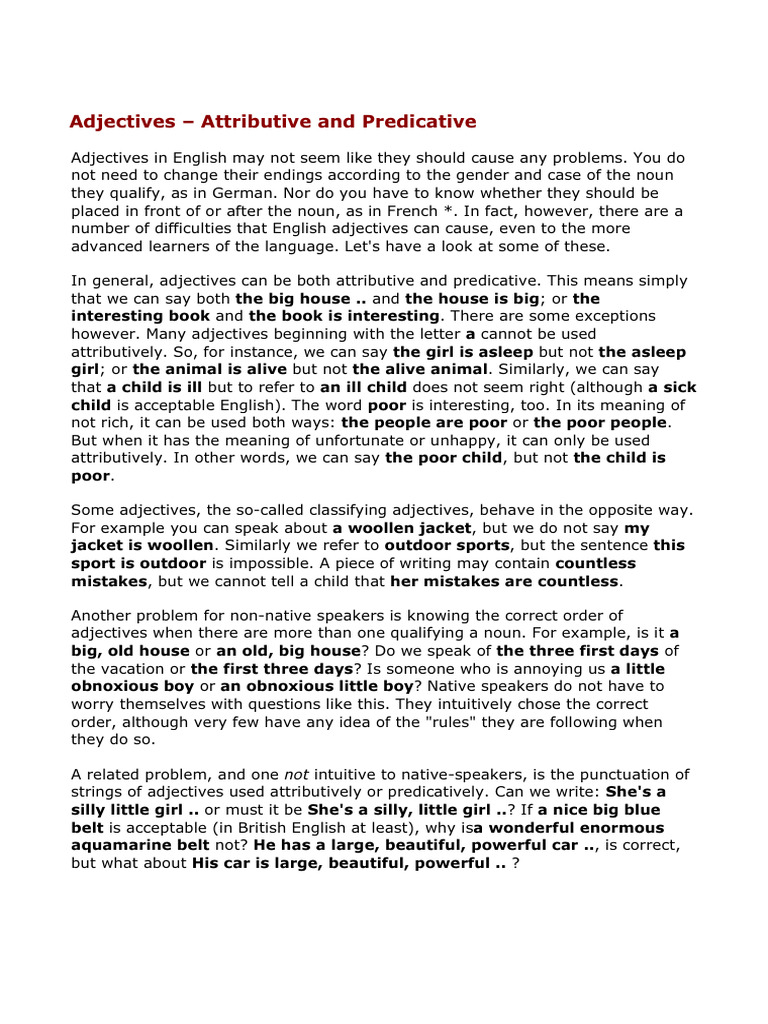 Adjectives-Attributive and Predicative | PDF | Adjective | Linguistic Typology