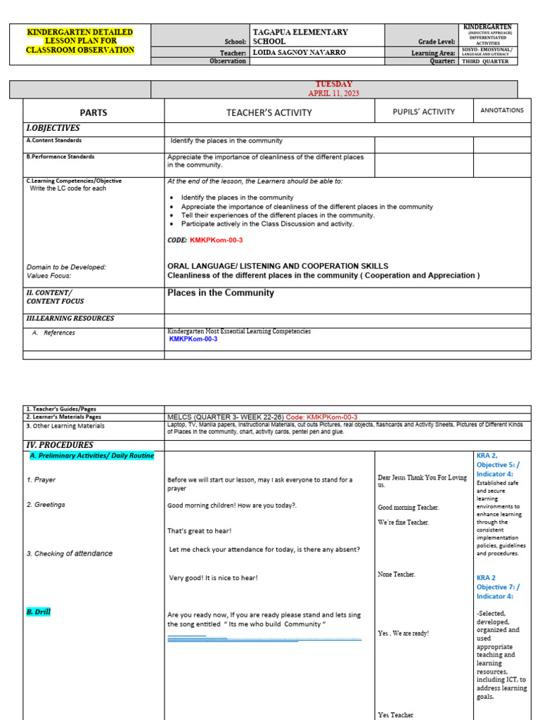 3RD Cot in Kinder | PDF | Learning | Teachers