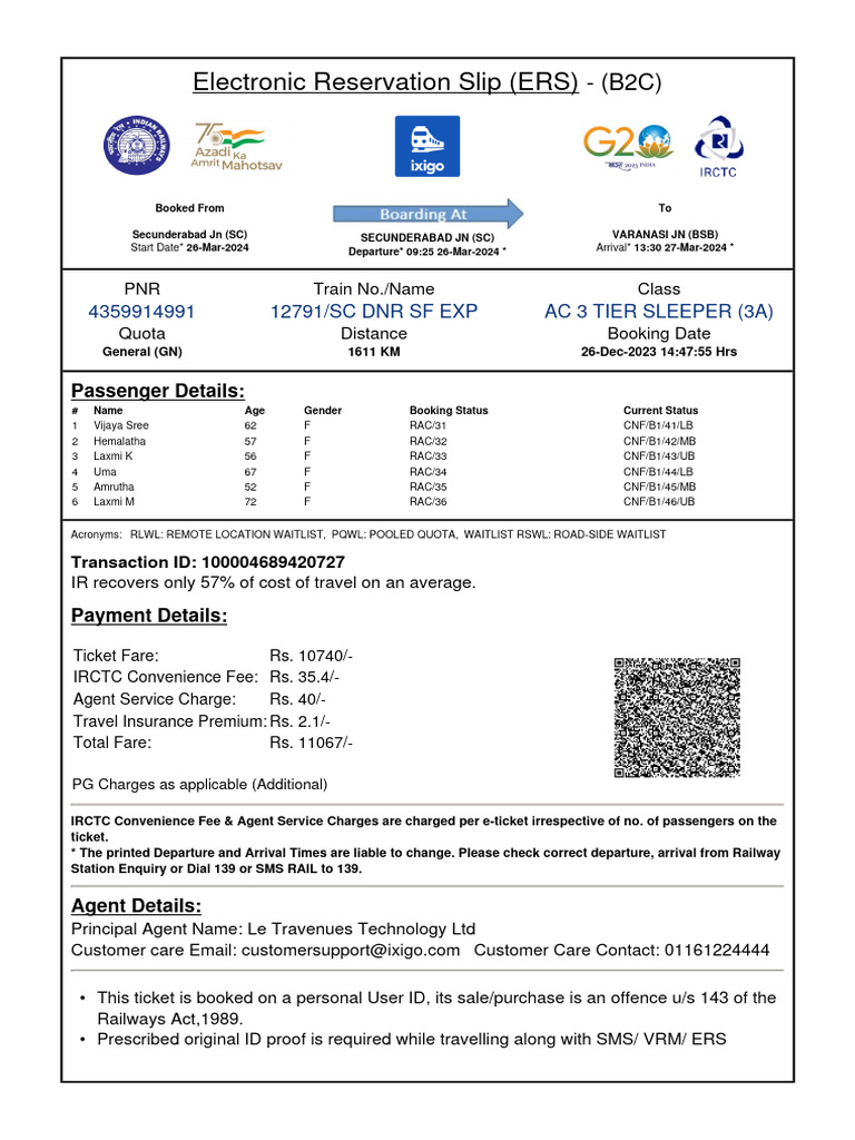 Electronic Reservation Slip (ERS) : 4359914991 12791/Sc DNR SF Exp Ac 3 ...