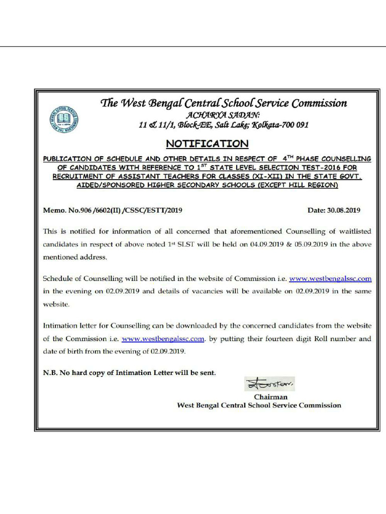 4th Phase Counselling Notice-West Bengal SSC 2016 | PDF