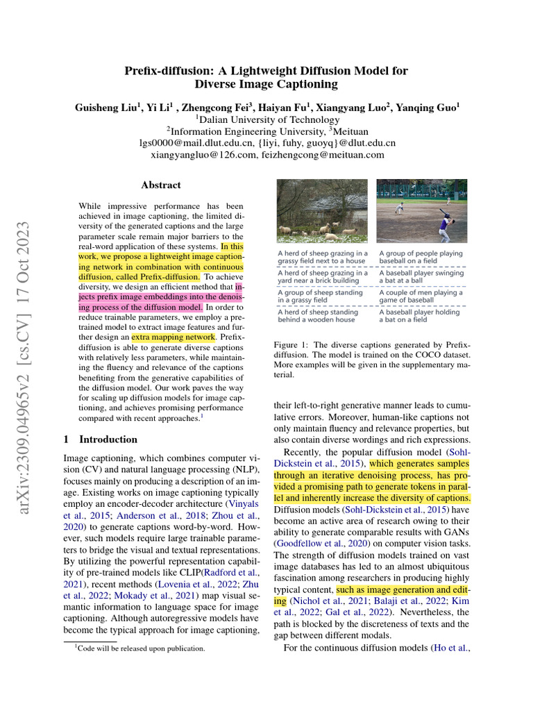 Prefix-Diffusion: A Lightweight Diffusion Model For Diverse Image Captioning | PDF | Cognitive ...