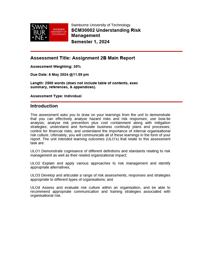SCM30002 - Assignment 2 - Main Report - HE1 - 2024-4 | PDF | Risk | Flood