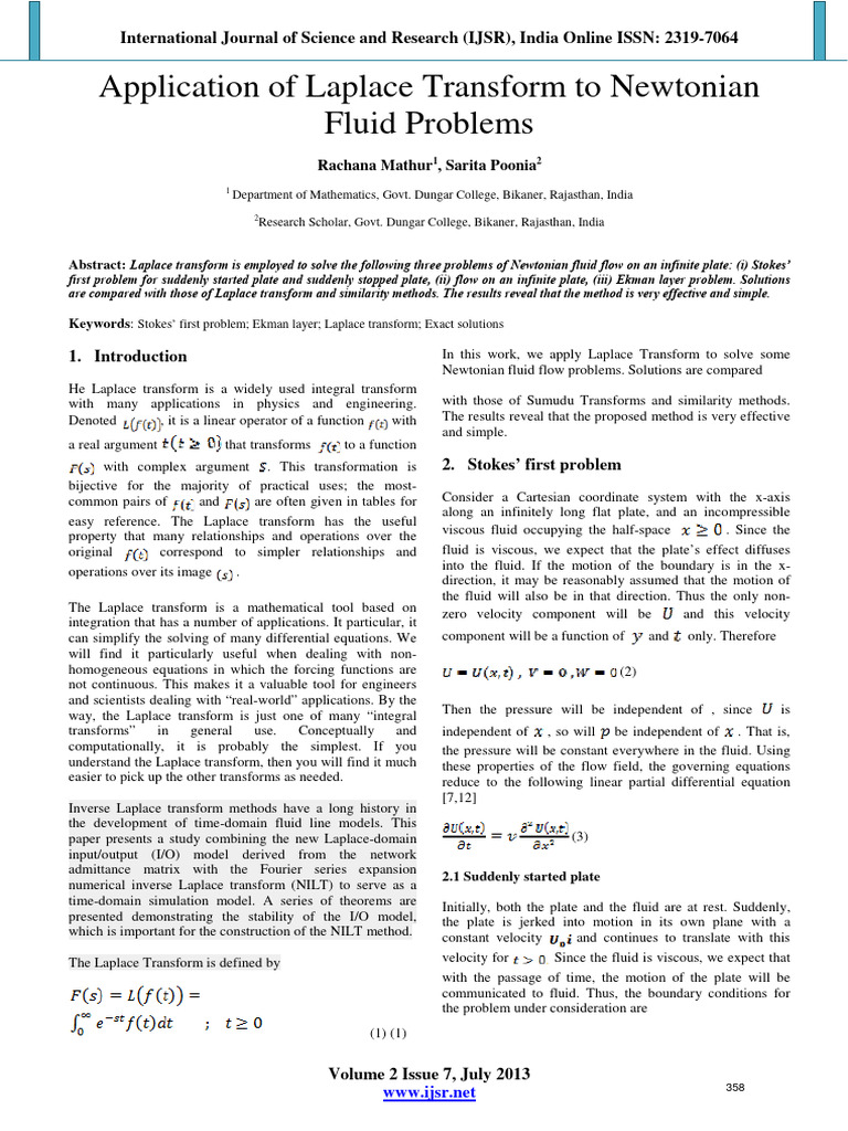 Application of Laplace Transform To Newtonian Fluid Problems | PDF ...