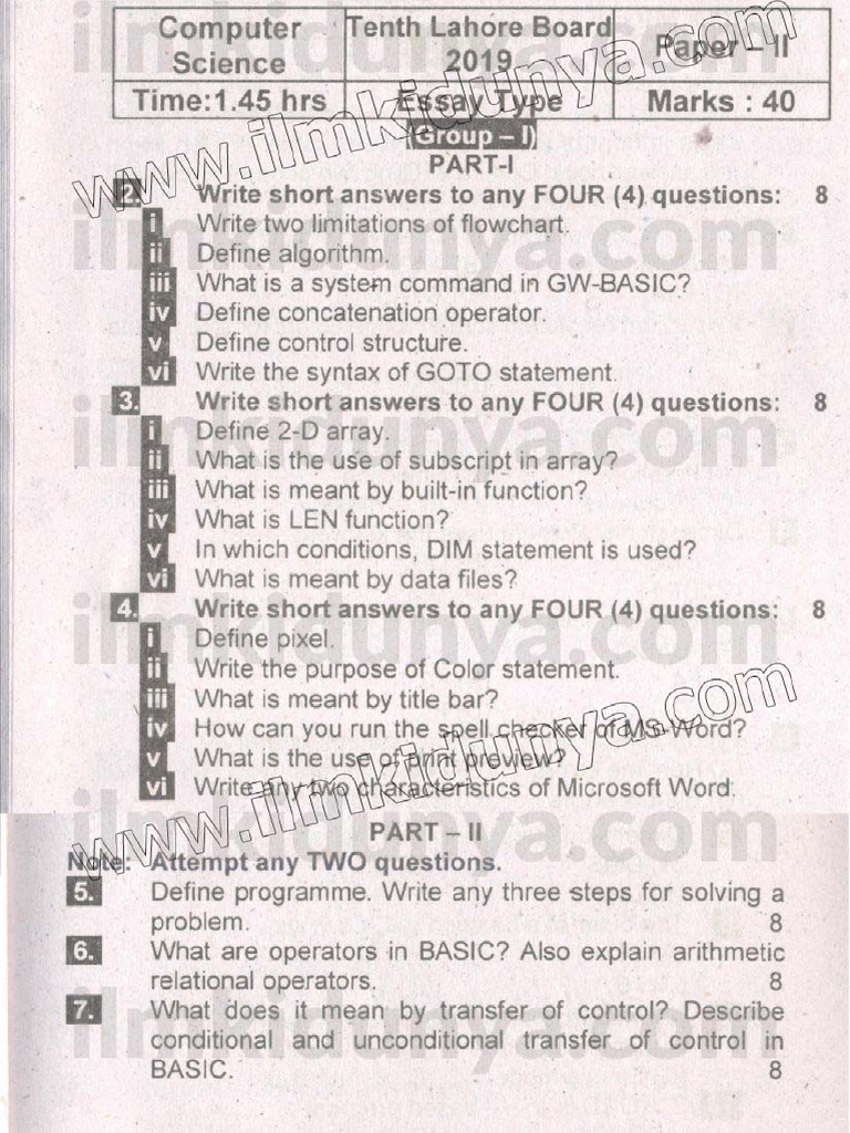 Past Papers 2019 Lahore Board 10th Class Computer Science Group I Subjective English Medium Pdf