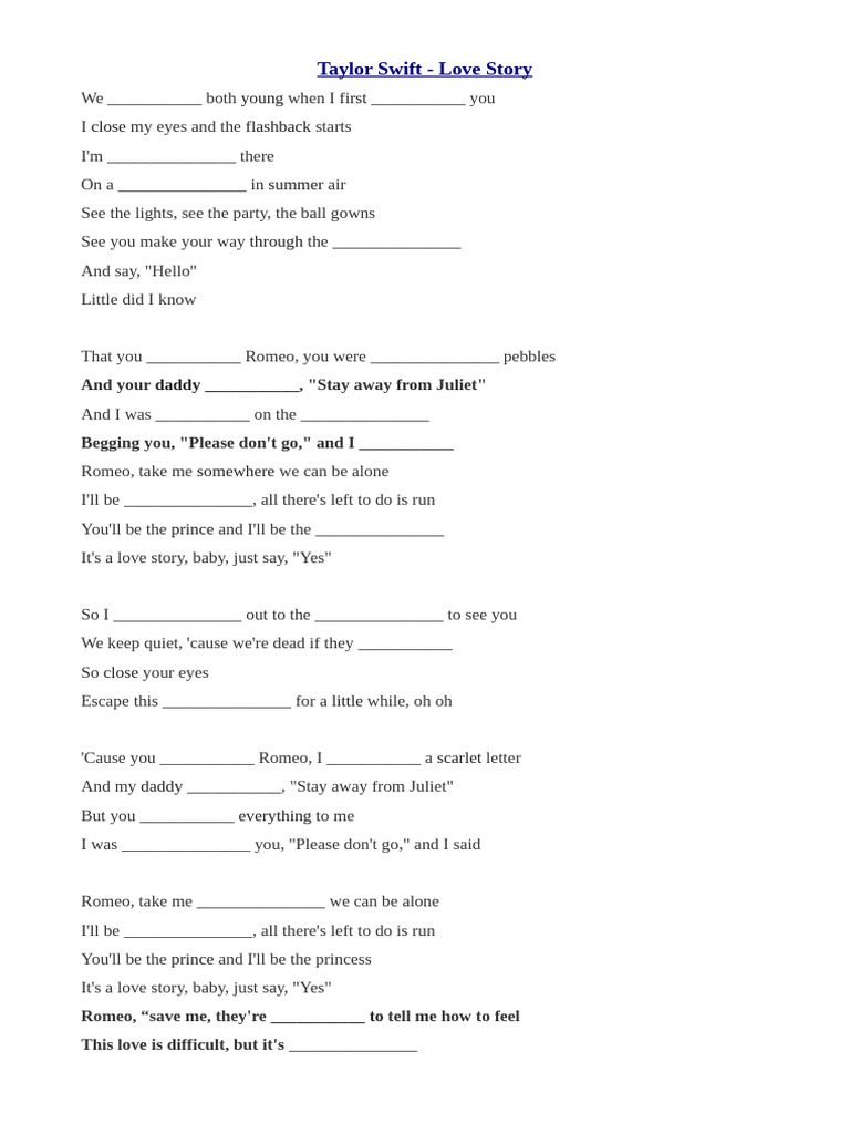 Worksheet - Reported Speech Song - TAYLOR SWIFT, LOVE STORY | PDF