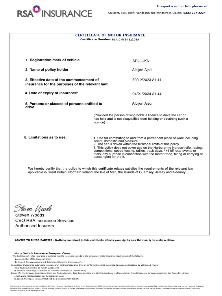 Rsa Cmi 84821089 SP23PZF 3 | PDF | Vehicle Insurance | Insurance