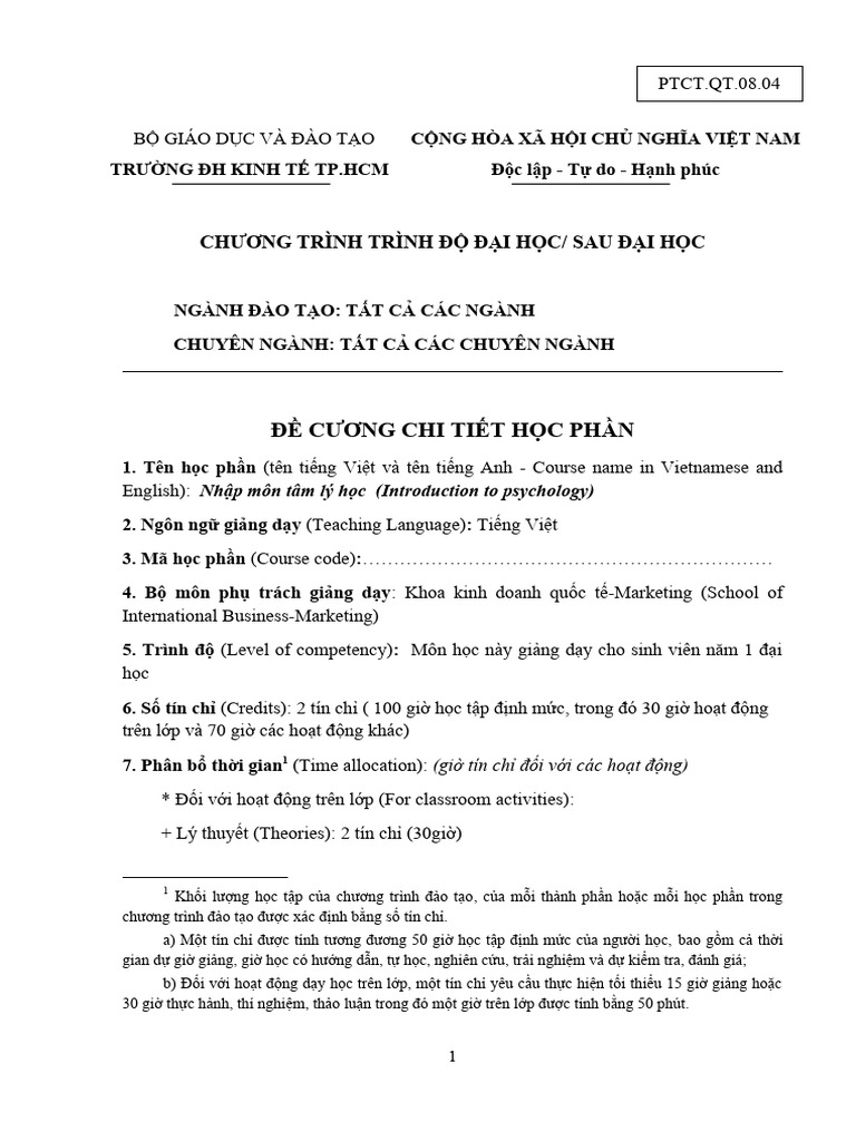 Mon Hoc Nhap Mon Tam Ly Hoc - Syllabus | PDF