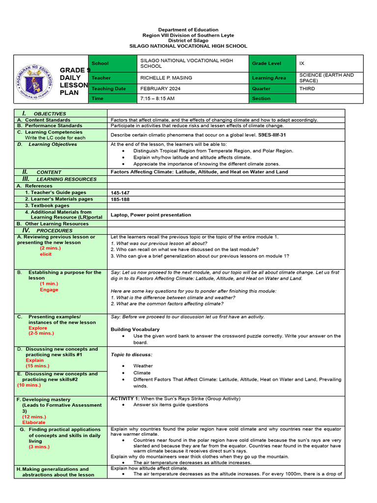 Grade 9 Science Lesson Plan on Climate | PDF | Climate | Learning