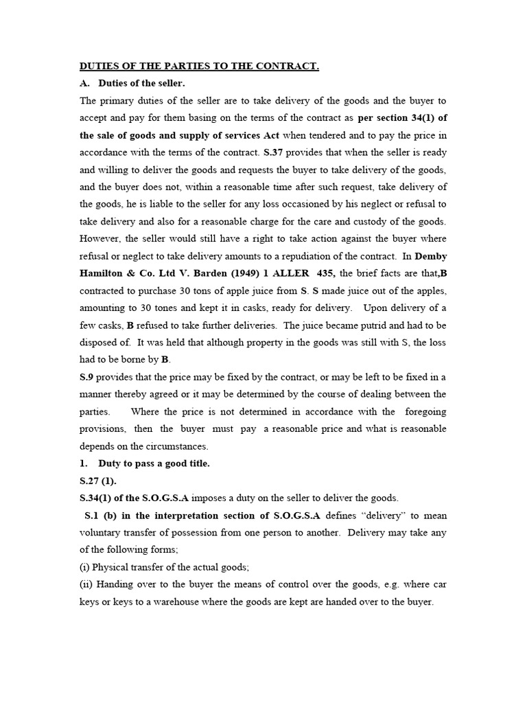 Duties of The Parties To The Contract. | PDF | Breach Of Contract | Sales
