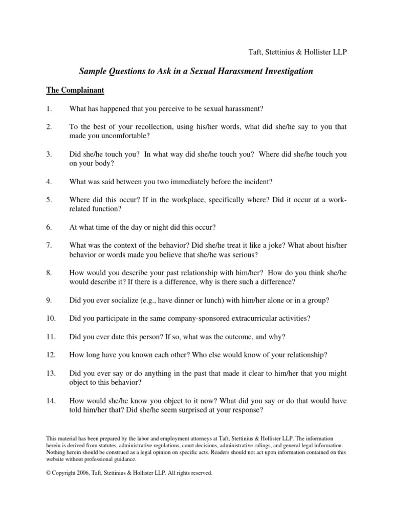 Sample Questions To Ask in A Sexual Harassment Invesitgation | PDF ...