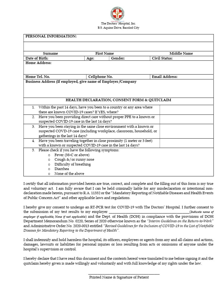 Form#1 - HDF - Consent Form For RT-PCR | PDF | Legal Liability