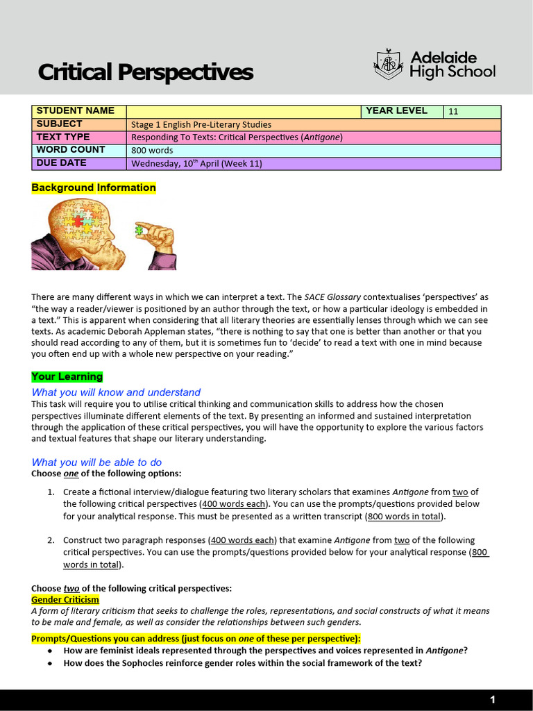 RTT1 Critical Perspectives (Antigone) Task Sheet | PDF | Fluency ...