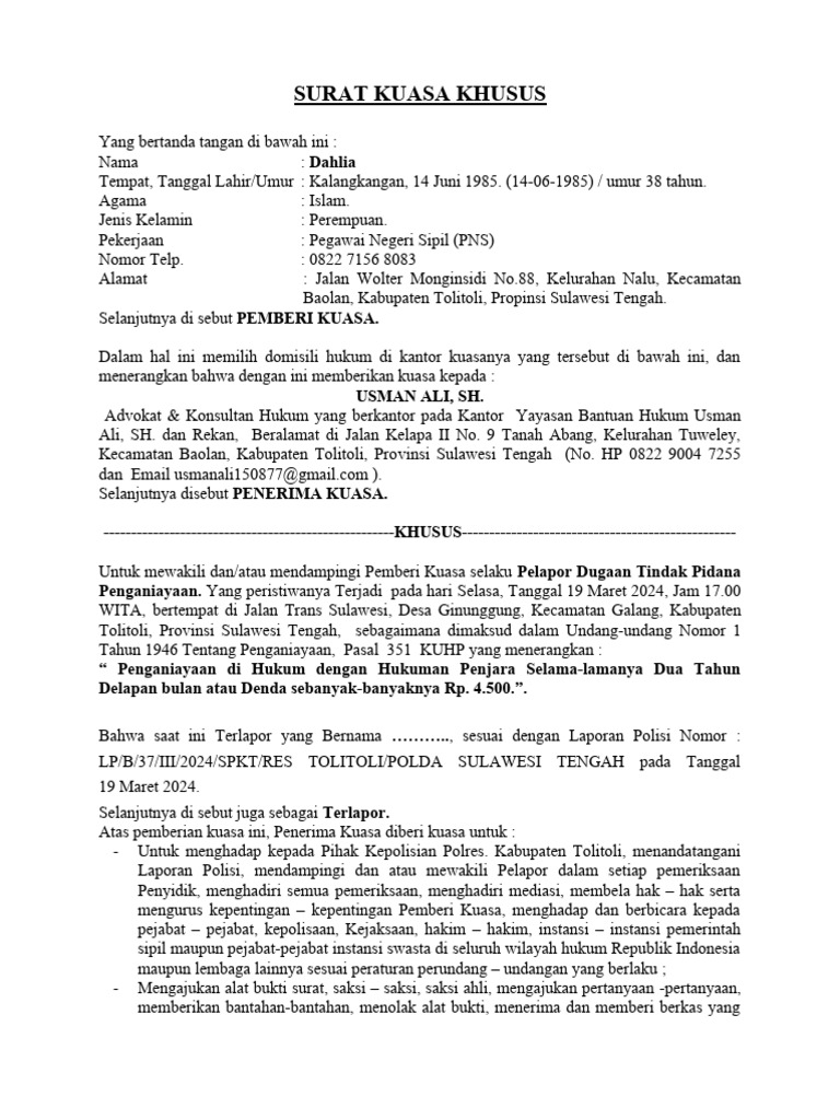 Surat Kuasa Khusus Dahlia 2024 | PDF