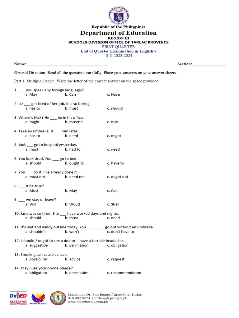 English 9 End of Quarter Exam Guide | PDF