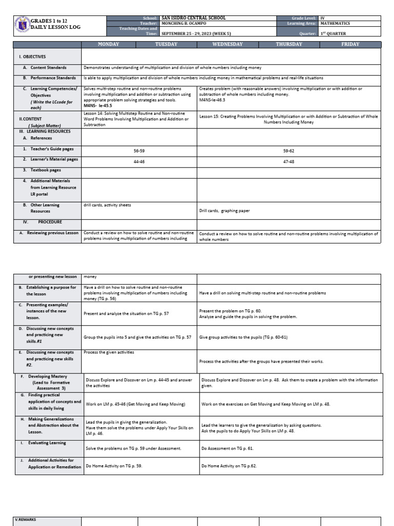 DLL - Mathematics 4 - Q1 - W5 | PDF | Behavior Modification | Pedagogy