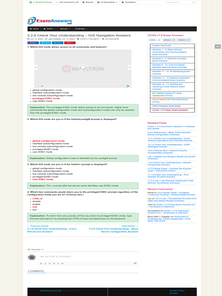 2.2.8 Check Your Understanding - IOS Navigation Answers | PDF | Cisco ...