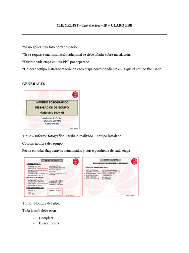 MANUAL - CHECKLIST - Reporte de Instalación - IP CLARO FBB | PDF ...