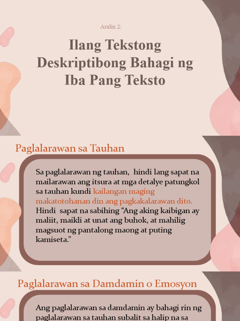 Ilang Tekstong Diskriptibong Bahagi NG Iba Pang Teksto | PDF