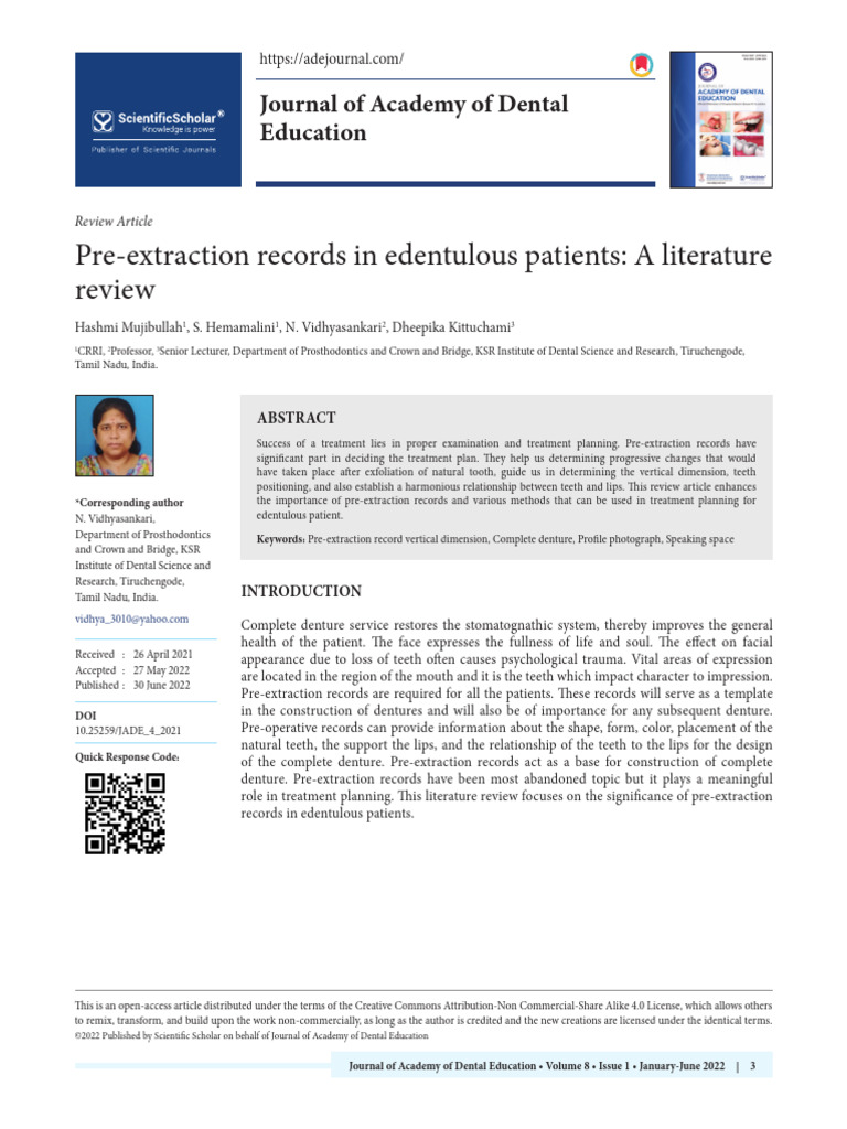 Pre-Extraction Records in Edentulous Patients - A Literature Review ...