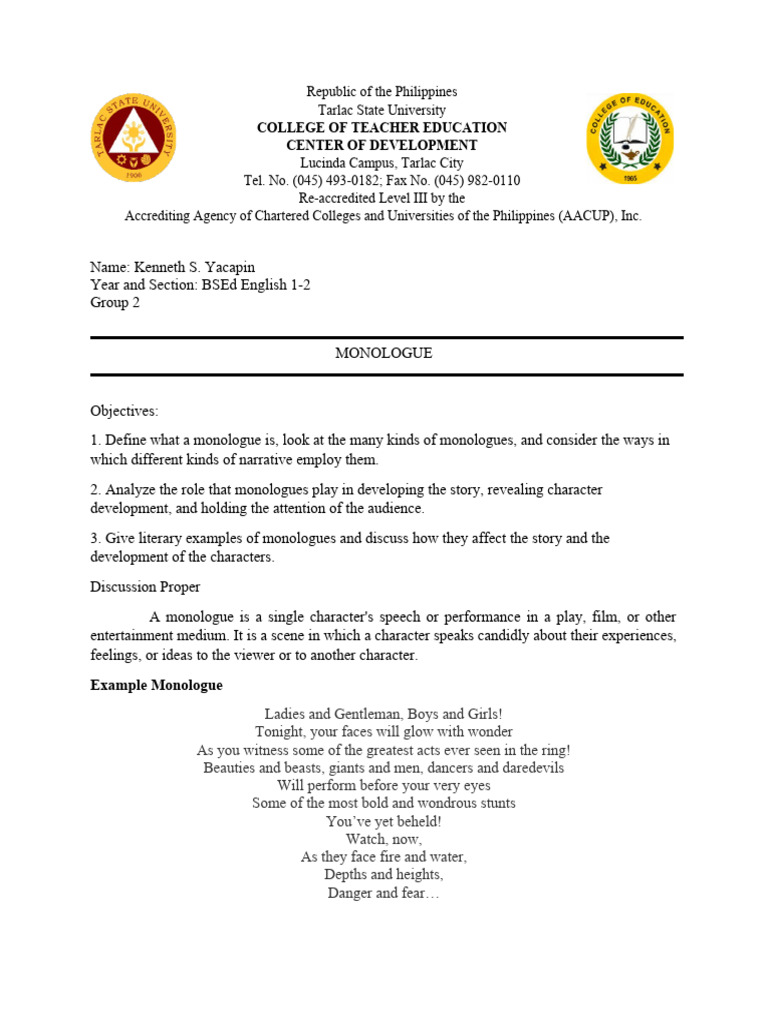 Monologue Written Report Yacapin | PDF