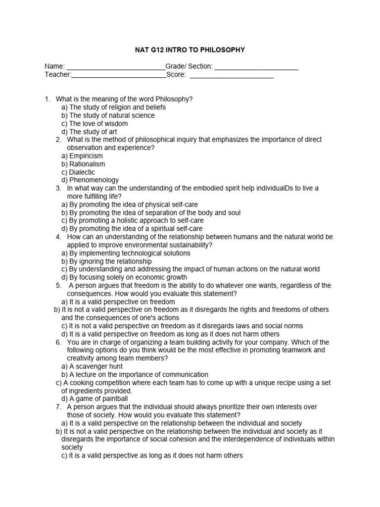 Introduction to Philosophy Quiz G12 | PDF | Free Will | Rationalism