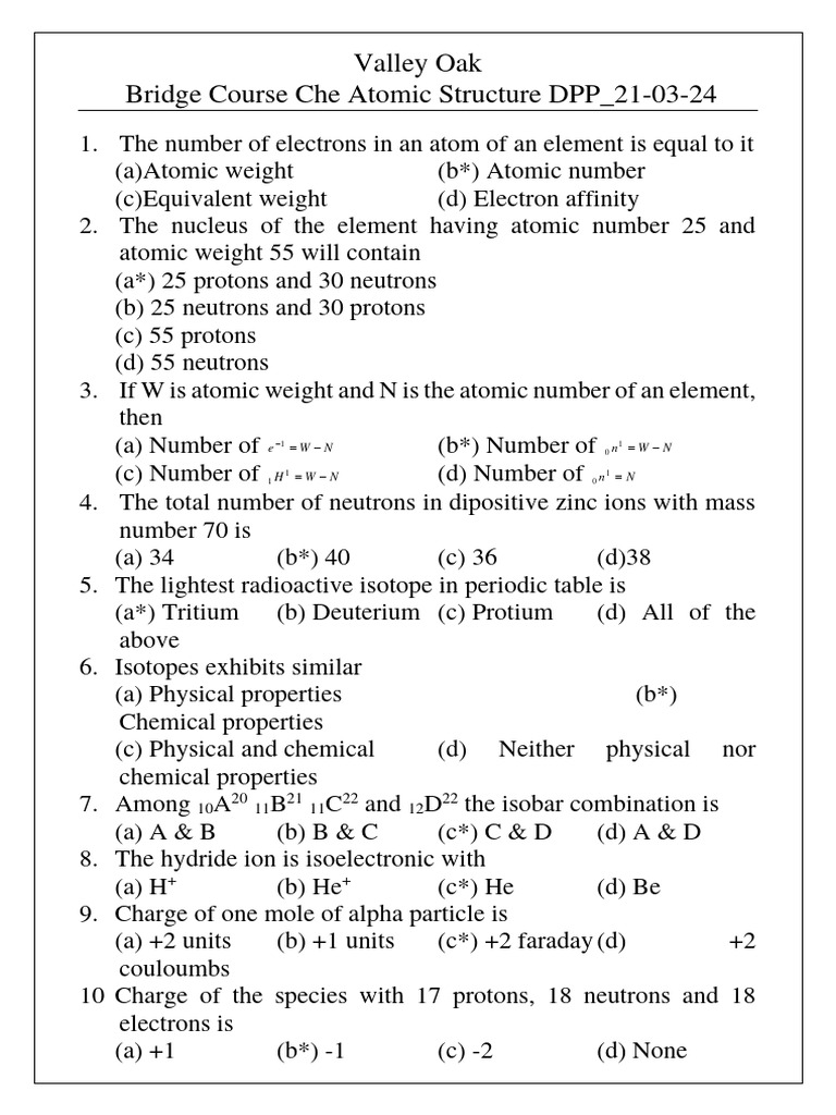 Bridge Course Che Atomic Structure DPP - 21-03-24 | PDF