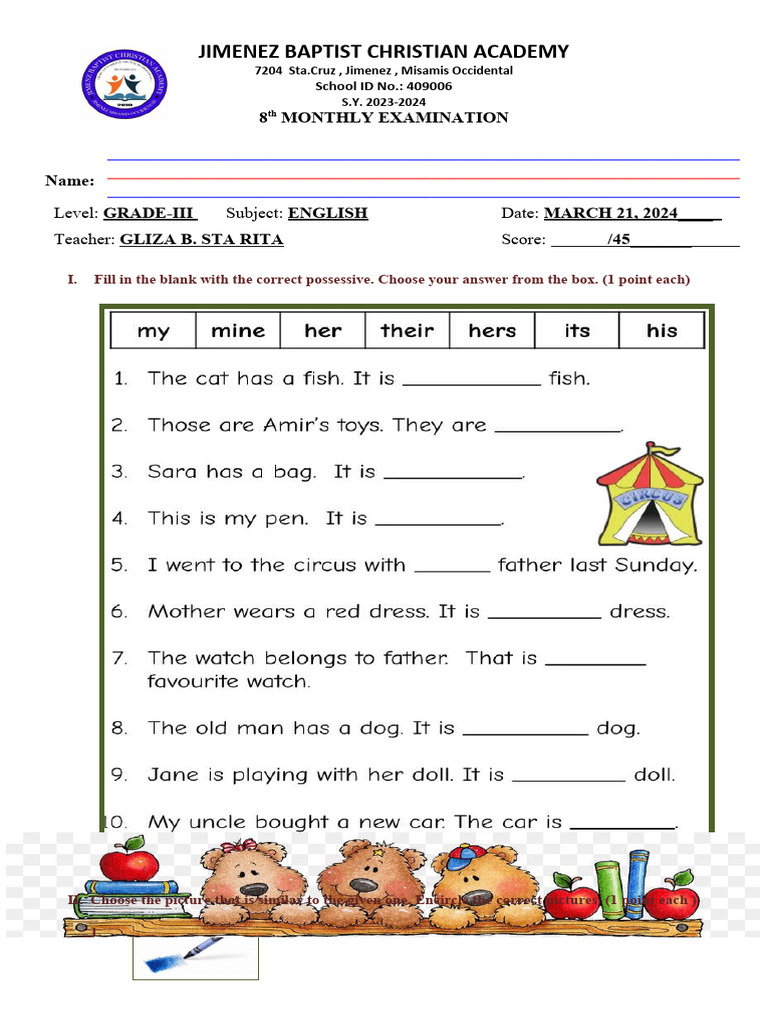 Grade 3 English Exam March 2024 | PDF