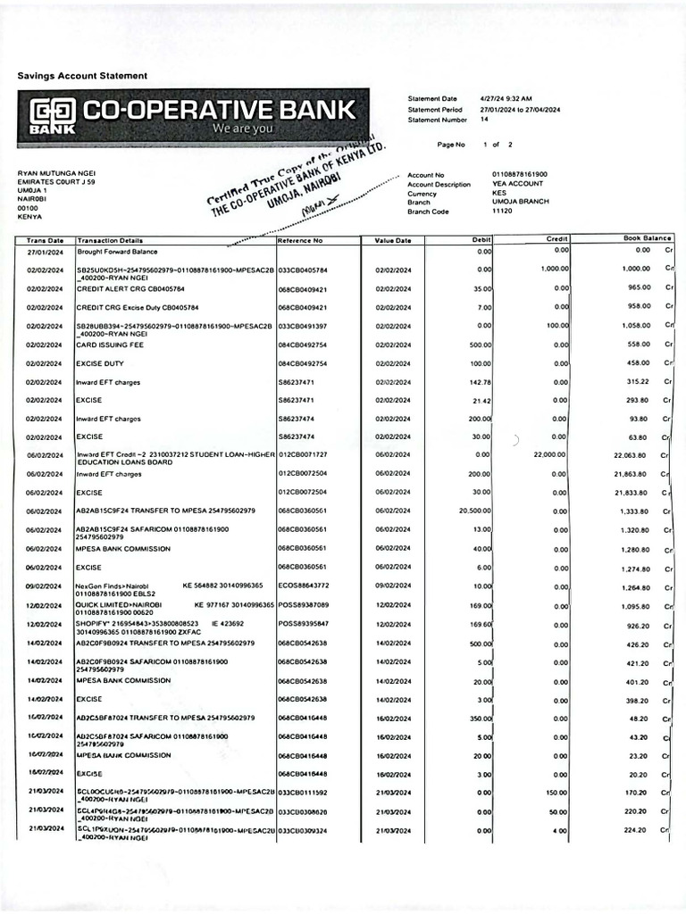 Cooperative Bank Statement | PDF | Overdraft | Debits And Credits