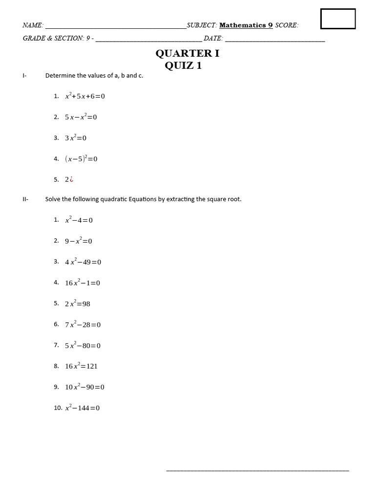 Quarter 1 Quiz 1 in Mathematics 9 | PDF