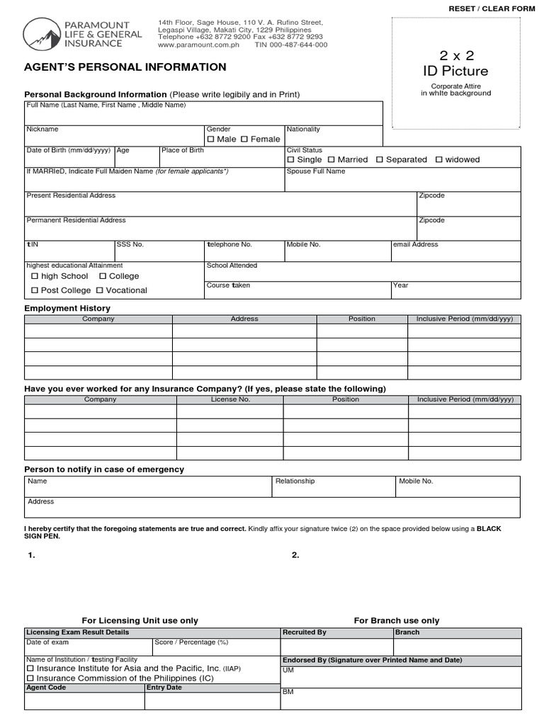 Licensing Form - Agents Personal Information Sheet - FILLIN | PDF