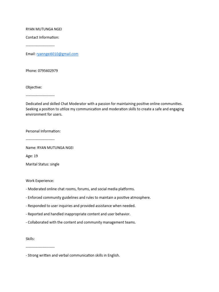 Chat Moderator Resume of Ryan Ngei | PDF