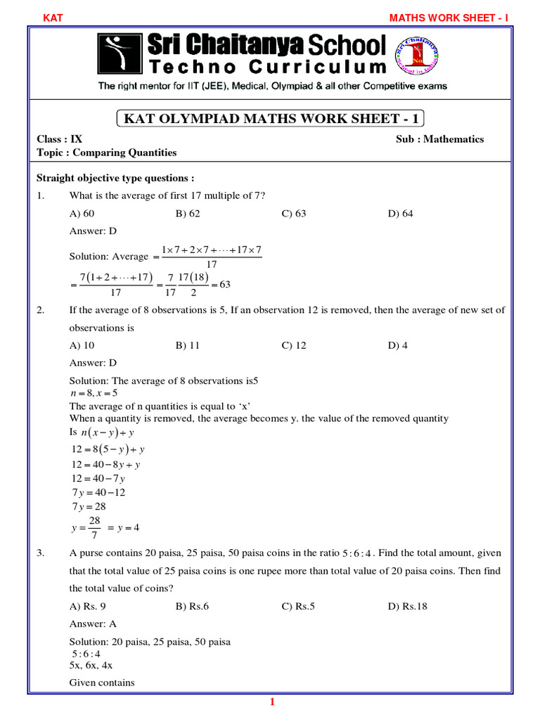 1.IX - Class Maths KAT Work Sheet - 1 - Comparing Quantities | PDF ...