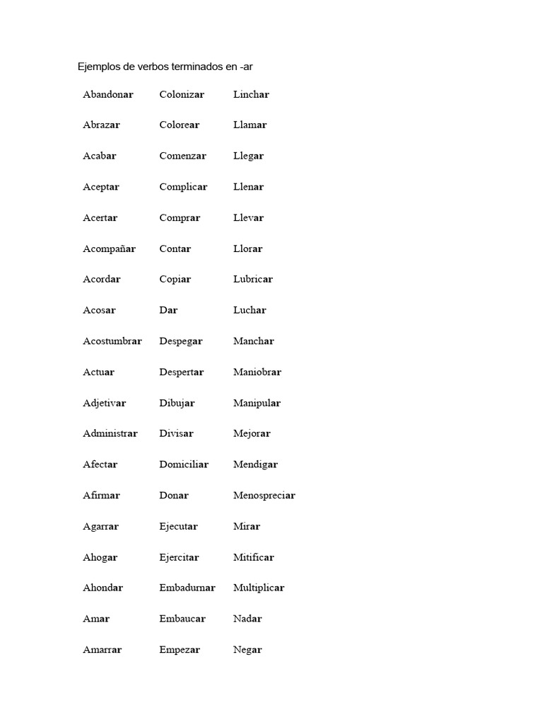 Ejemplos de verbos terminados en -ar | PDF | Tipología Lingüística ...