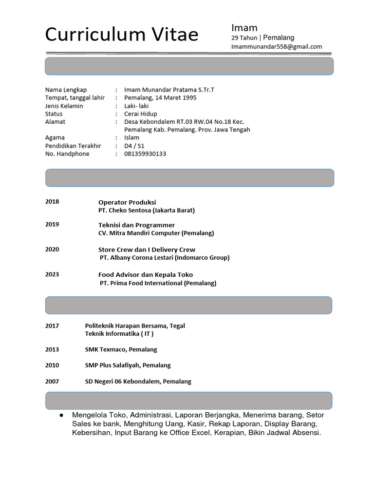 CV - Imam - Terbaru2024 | PDF