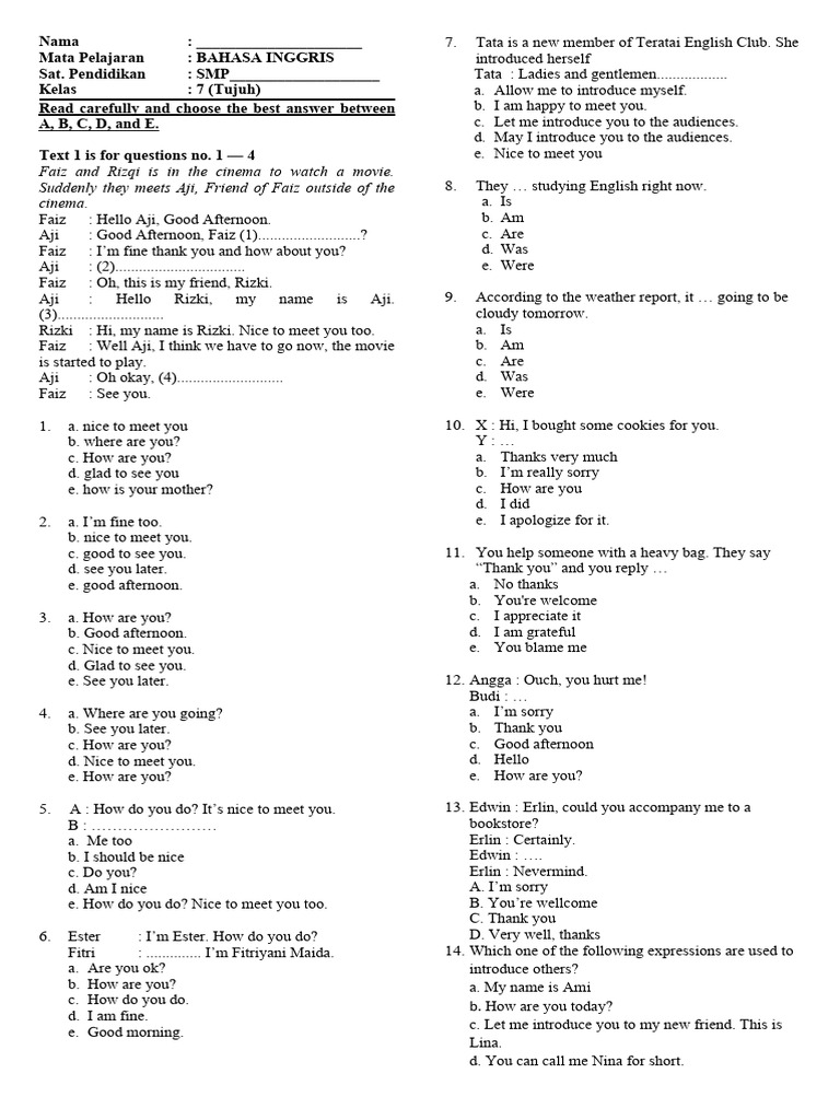 English Language Test for 7th Grade | PDF