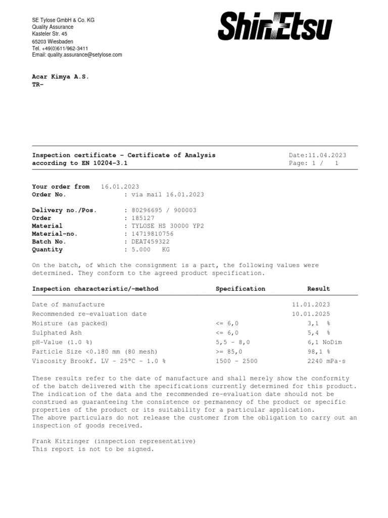 Tylose HS 30000 YP2 - Analysis | PDF