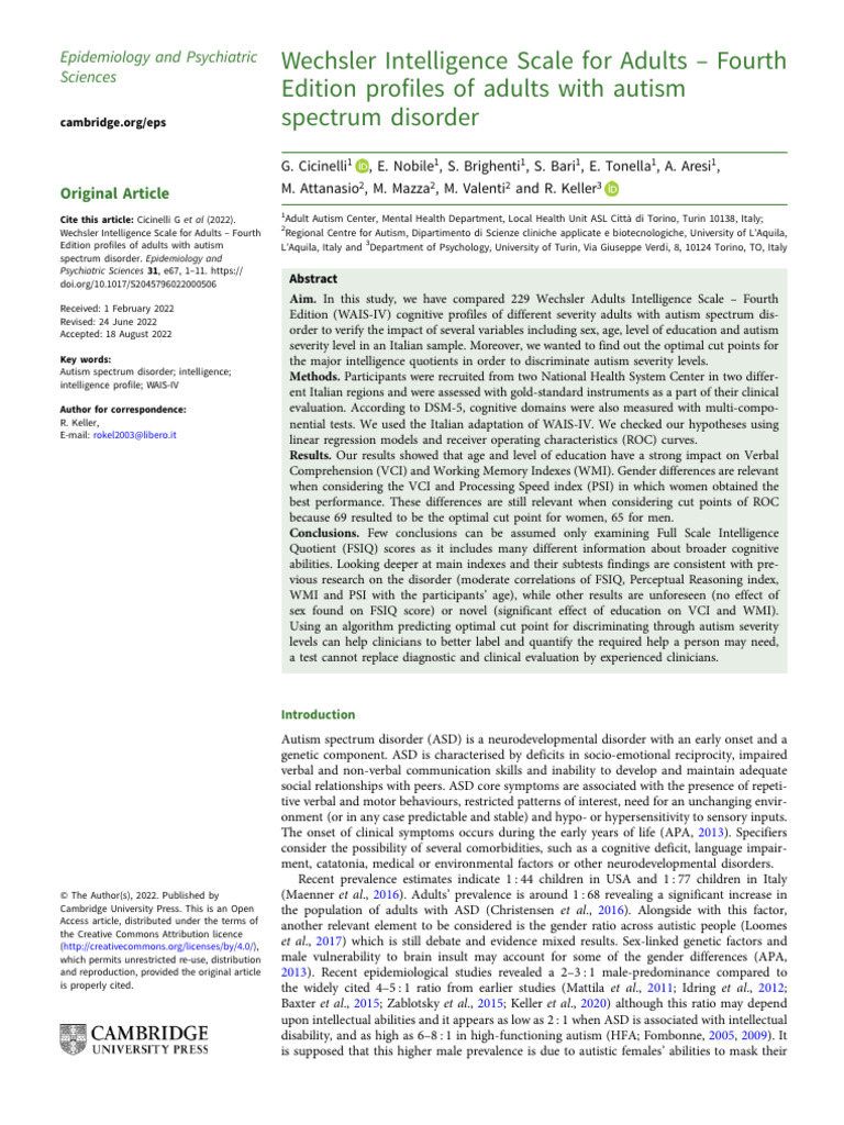 WAIS-IV Profiles in Autism Adults | PDF | Wechsler Adult Intelligence ...