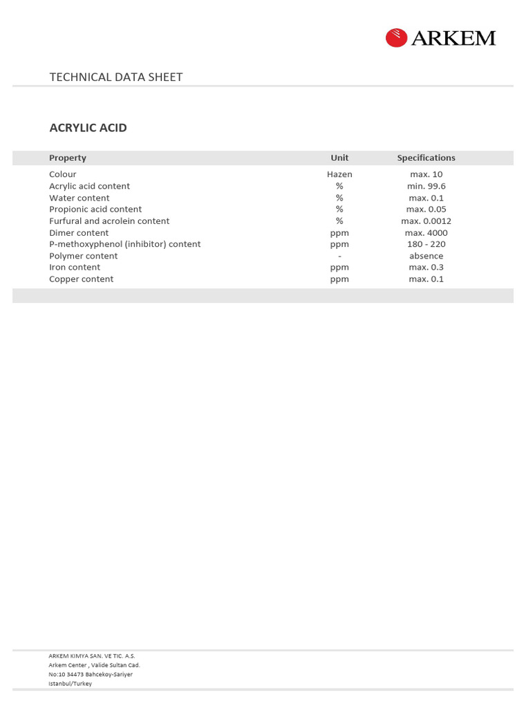 Acrylic Acid Technical Specifications | PDF
