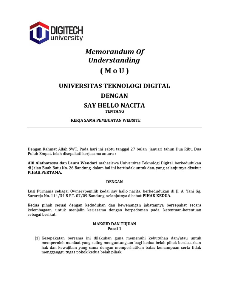 MOU Kerjasama Pembuatan Website | PDF