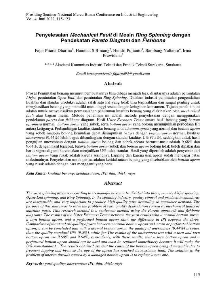Penyelesaian Mechanical Fault Di Mesin Ring Spinning Dengan Pendekatan Pareto Diagram Dan ...