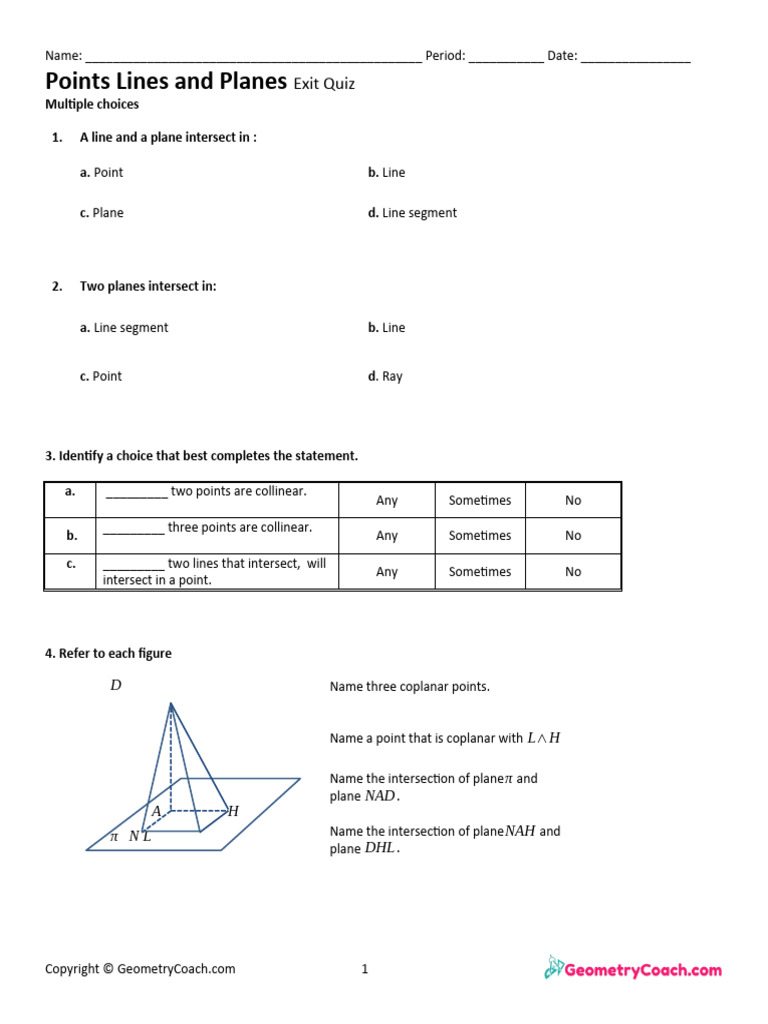 1 2 Exit Quiz Points Lines and Planes | PDF | Line (Geometry ...