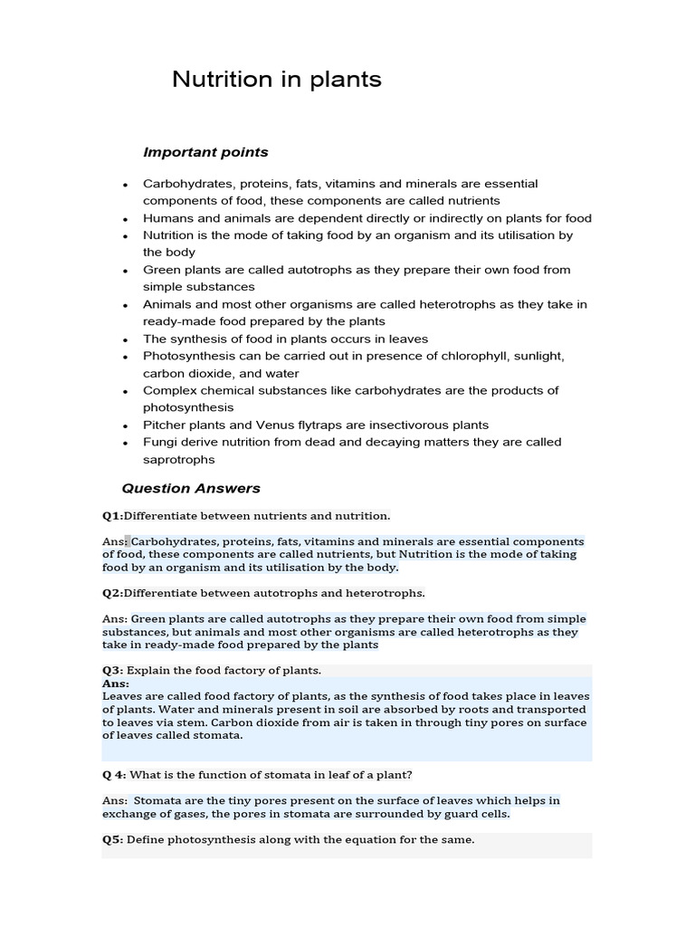 Nutrition in Plants Class 7 Science | PDF | Nutrition | Diet & Nutrition